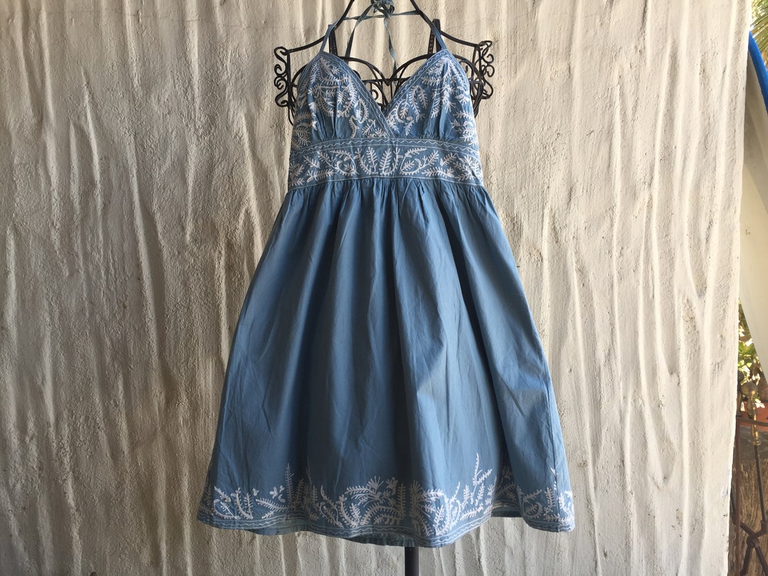 Sky Blue Cotton Embroidered Halter Style Sundress Size Small to Medium ...