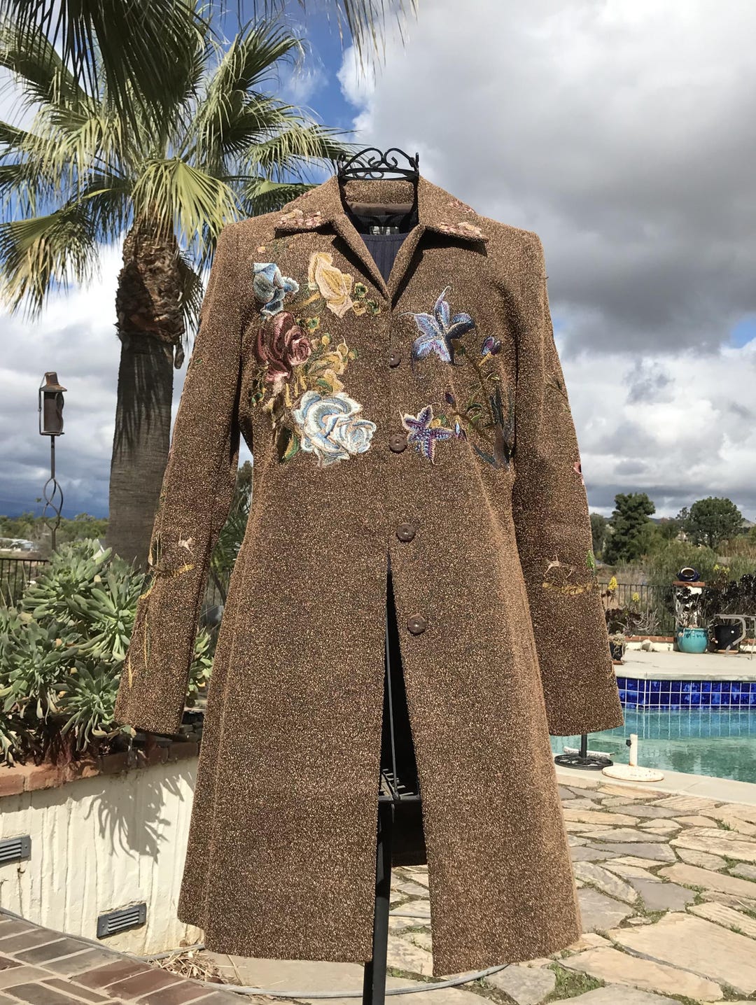 Embroidered Duster Coat Features Flower Garden With Birds Textured Poly ...