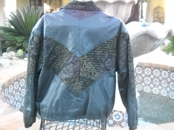 Hip 70s Black heavy PAINTED BRANDED LEATHEr jacket, S… - Gem