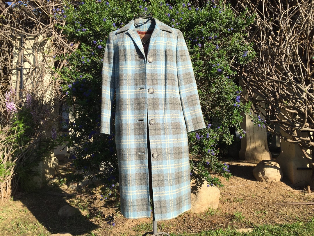 PENDLETON Baby Blue & Gray Plaid Day Coat Duster Coat Size Medium 100% ...