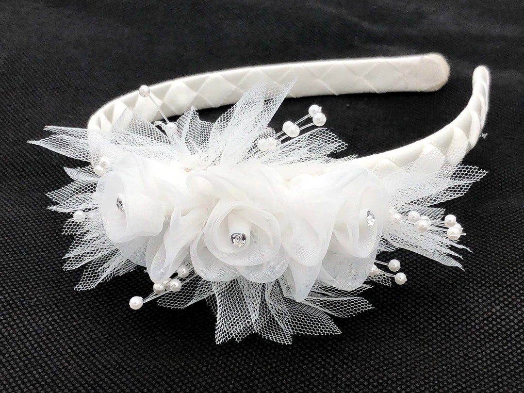White Bridal Silk Headband First Holy Communion Headband Flower Girl ...