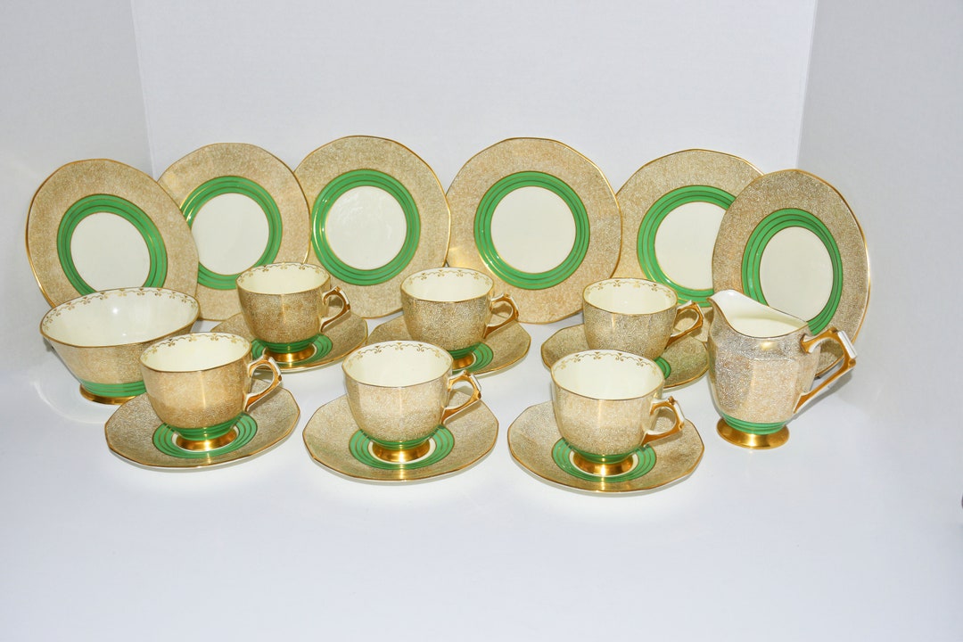 Tuscan China Art Deco Tea Set English Vintage Afternoon Tea Green Gold ...