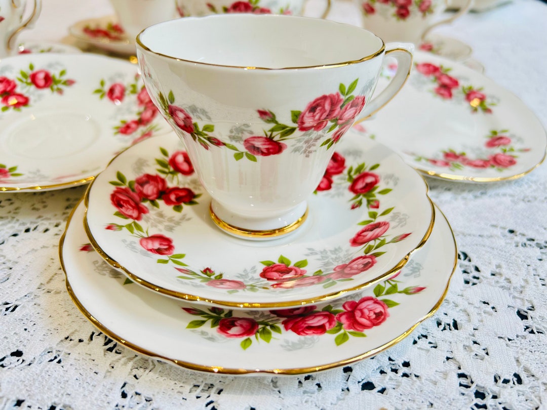 Pink Rose Vintage Teacup Saucer Trio Set for an English Afternoon Tea ...