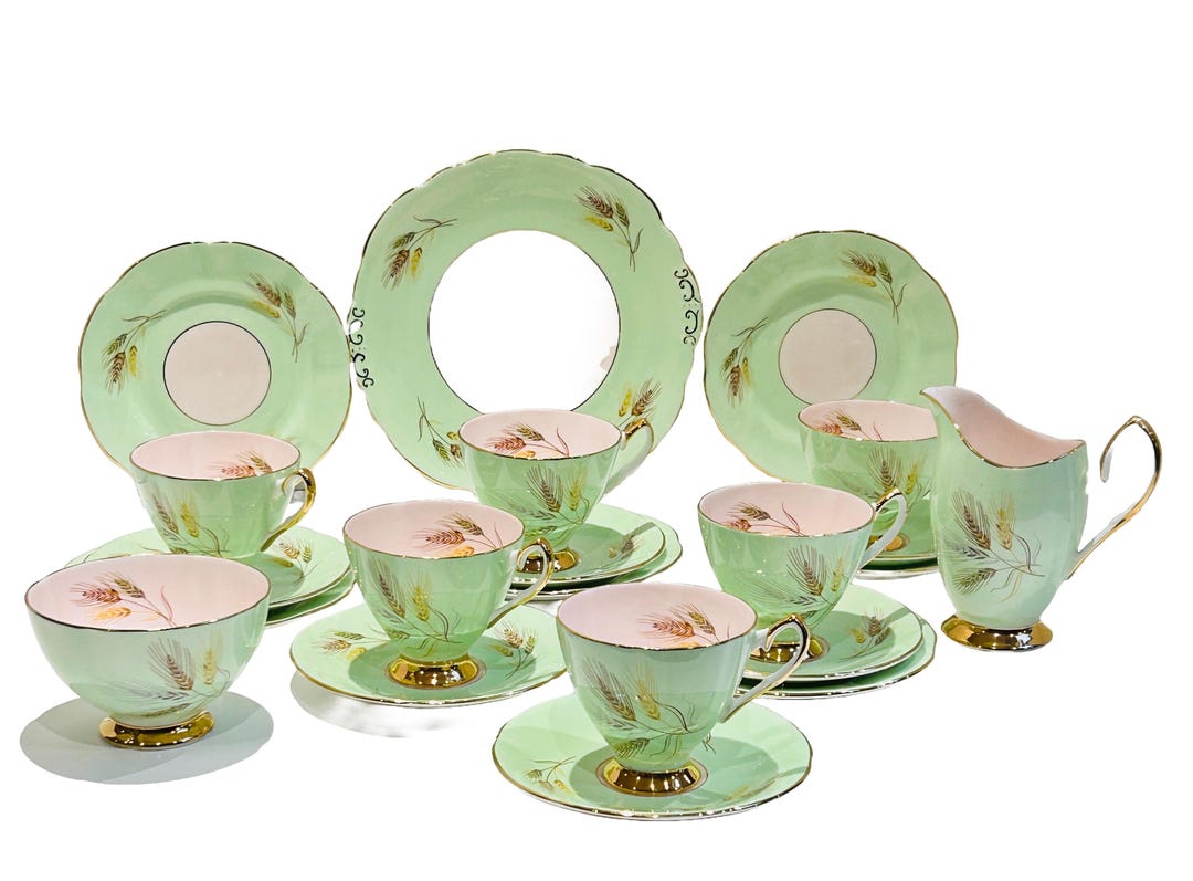 Elizabethan Vintage China Tea Set Green Pink Teacups & Saucers for ...