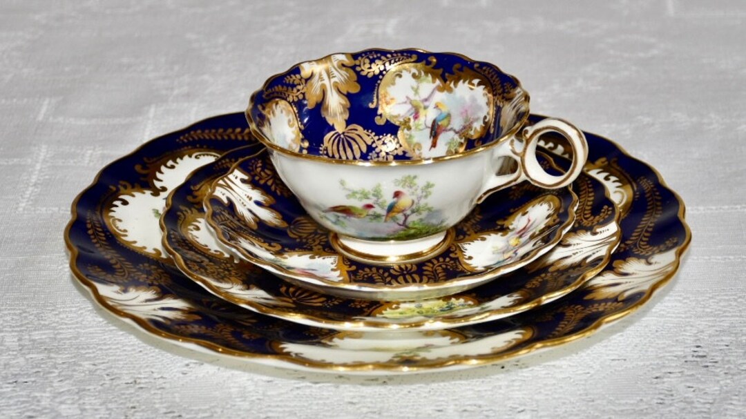 Antique Crescent China Teacup Saucer Set 4 Piece Cobalt Blue Hand ...