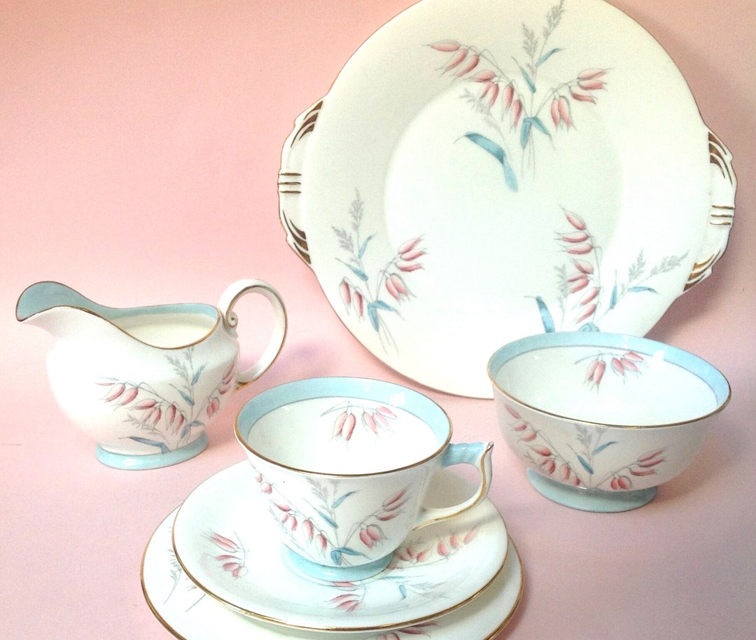 Aynsley Tea Set Teacups & Saucers Blue and Pink Tea Set Cake Plate Milk ...
