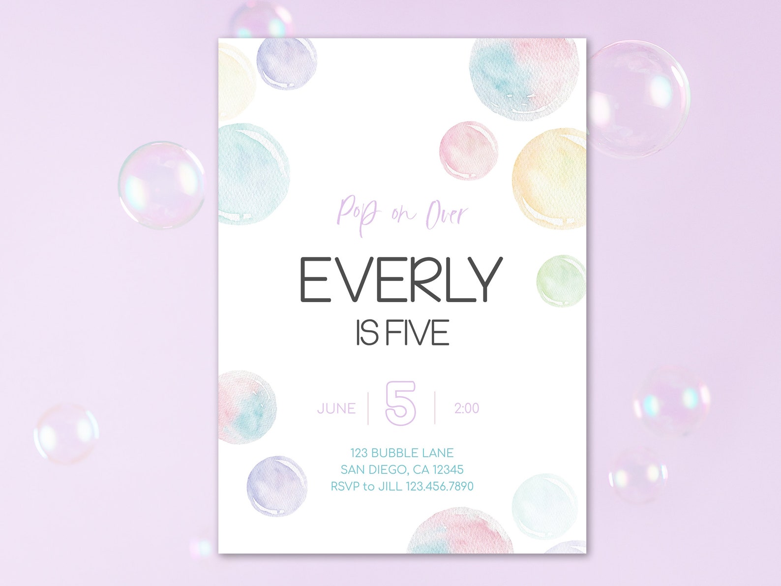 Bubbles Birthday Invitation, Pastel Bubbles Girl Birthday, Summer ...