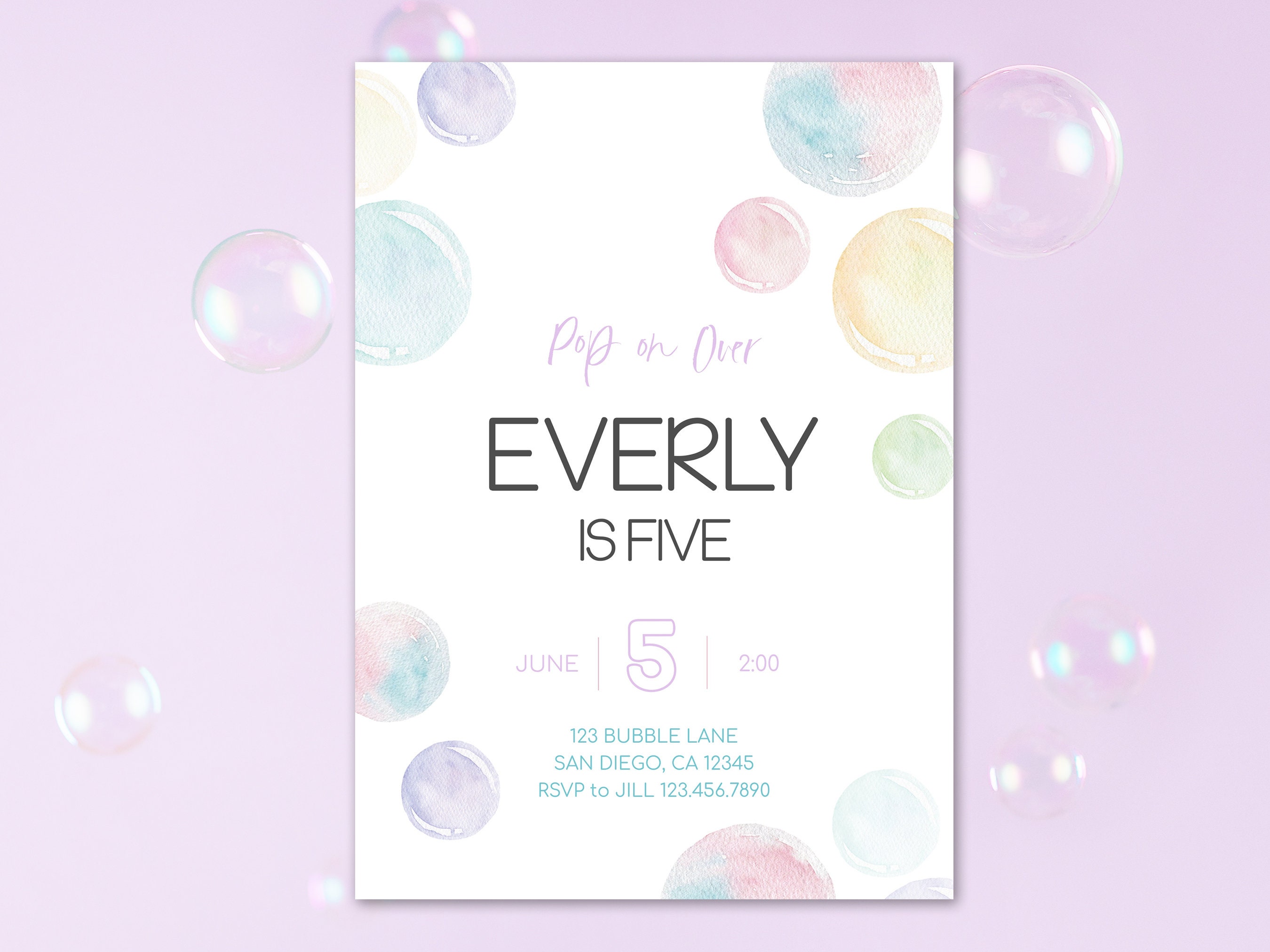 Bubbles Birthday Invitation, Pastel Bubbles Girl Birthday, Summer ...