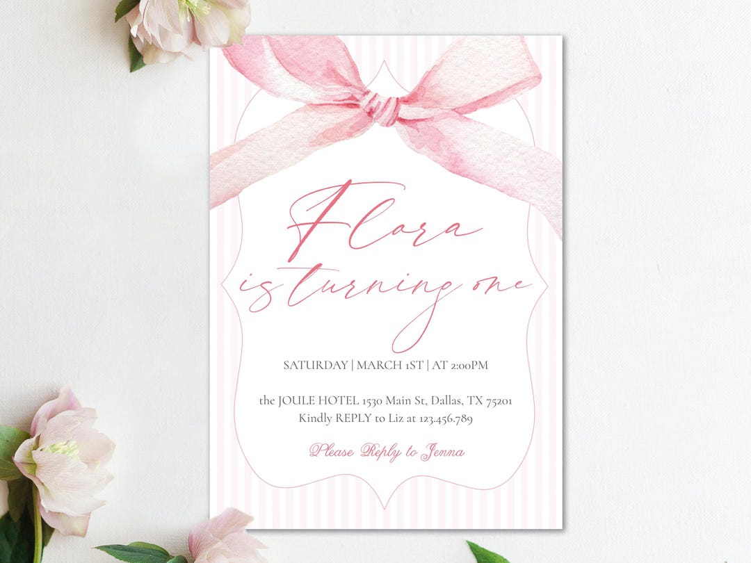 Preppy Pink Bow Birthday Invitation, Fancy One Birthday, Pretty in Pink ...