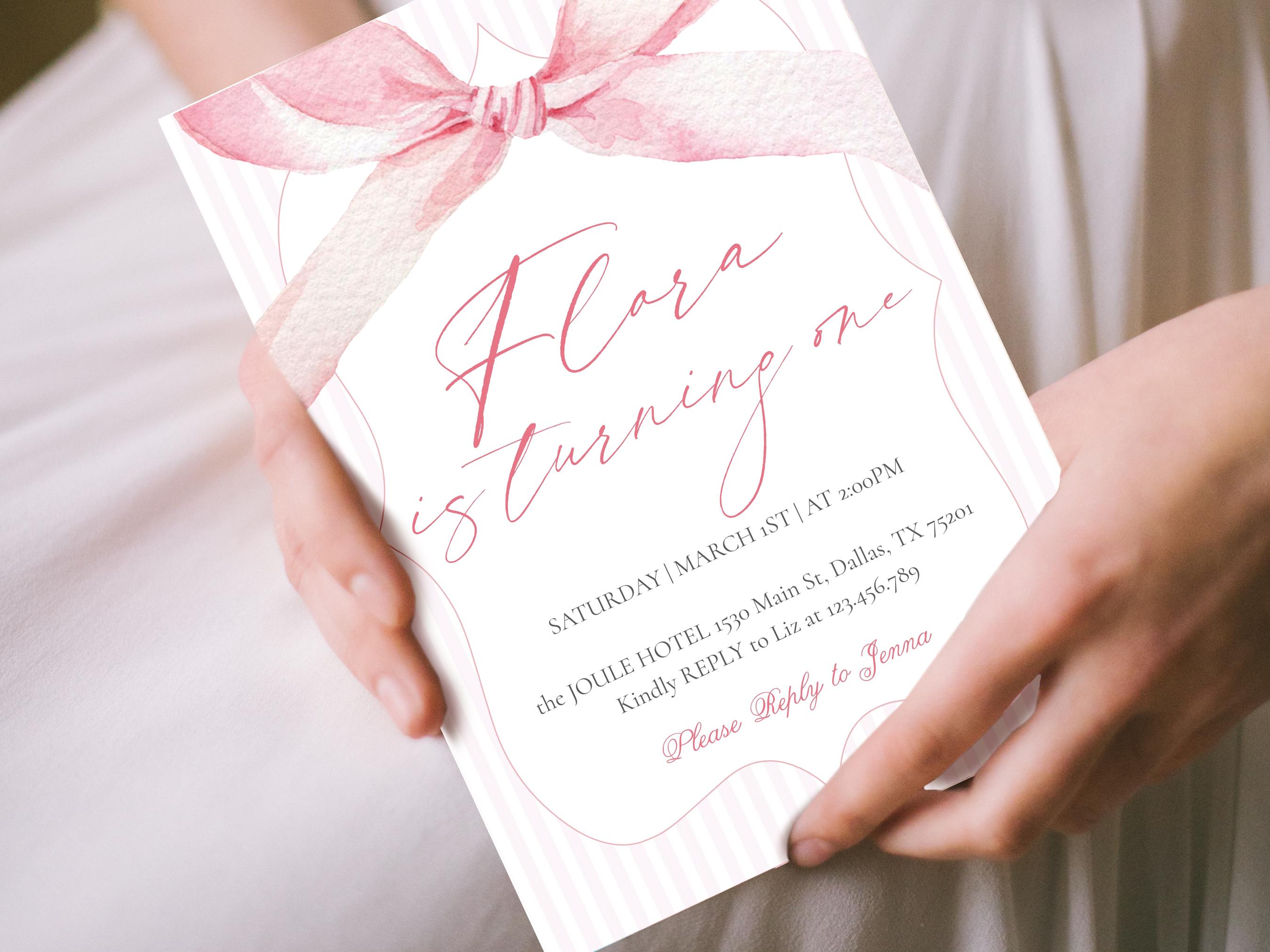 Preppy Pink Bow Birthday Invitation, Fancy One Birthday, Pretty in Pink ...