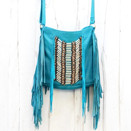 Boho Leather Bag Turquoise Fringe Purse Large Size - Etsy