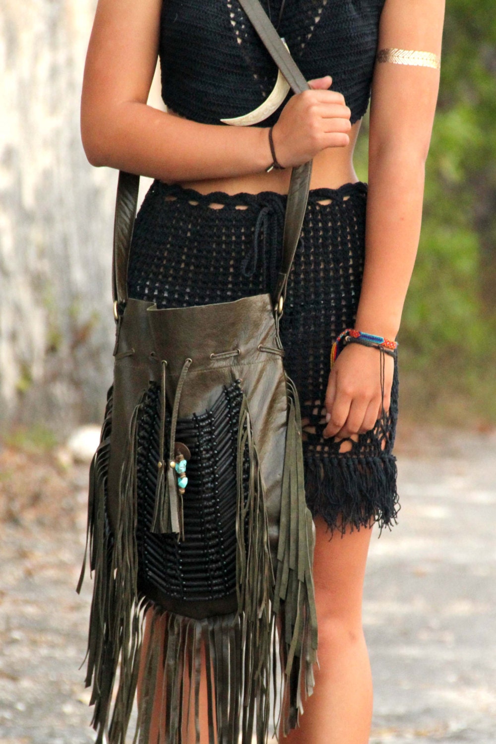 Fringe Leather Bag Boho Purse Green Olive Shoulder Bag | Etsy