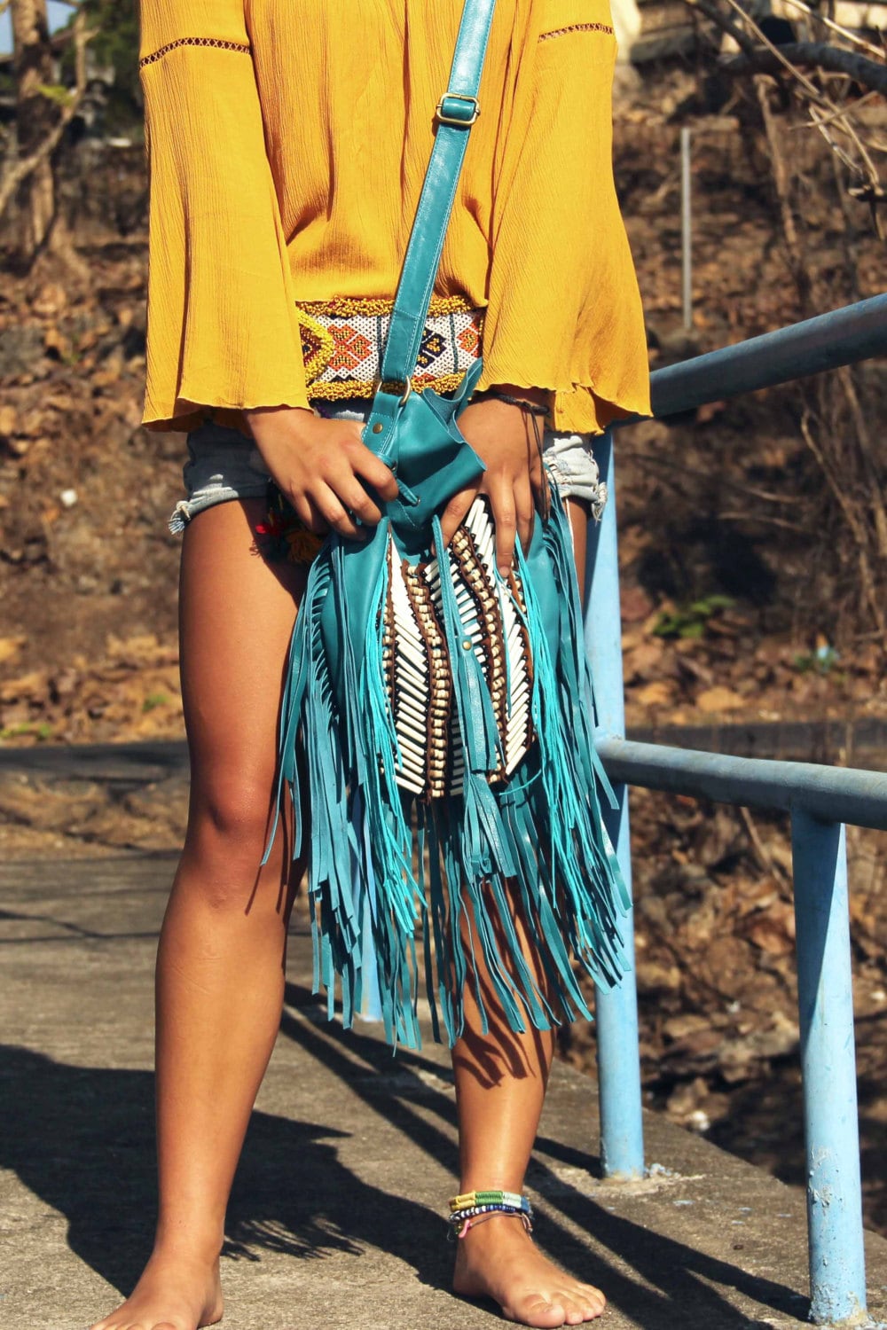 Boho Leather Bag Turquoise Fringe Purse Large Size - Etsy