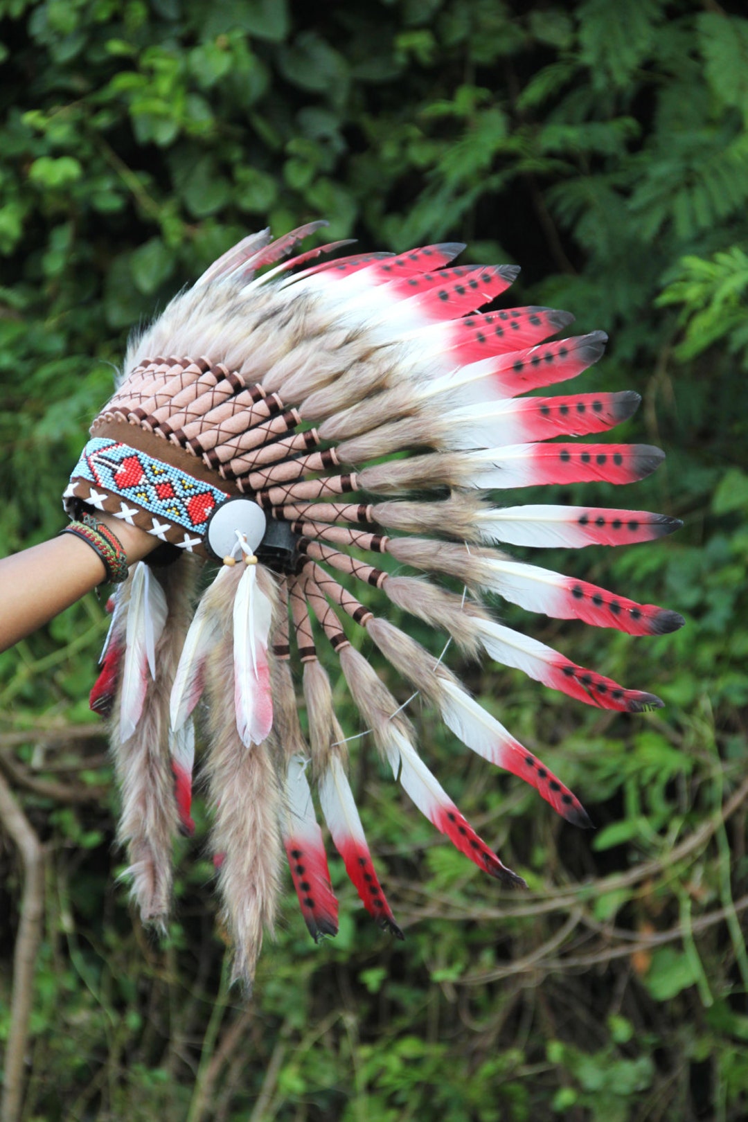 Indian Headdress Replica, White and Red Feathers Short Length - Etsy