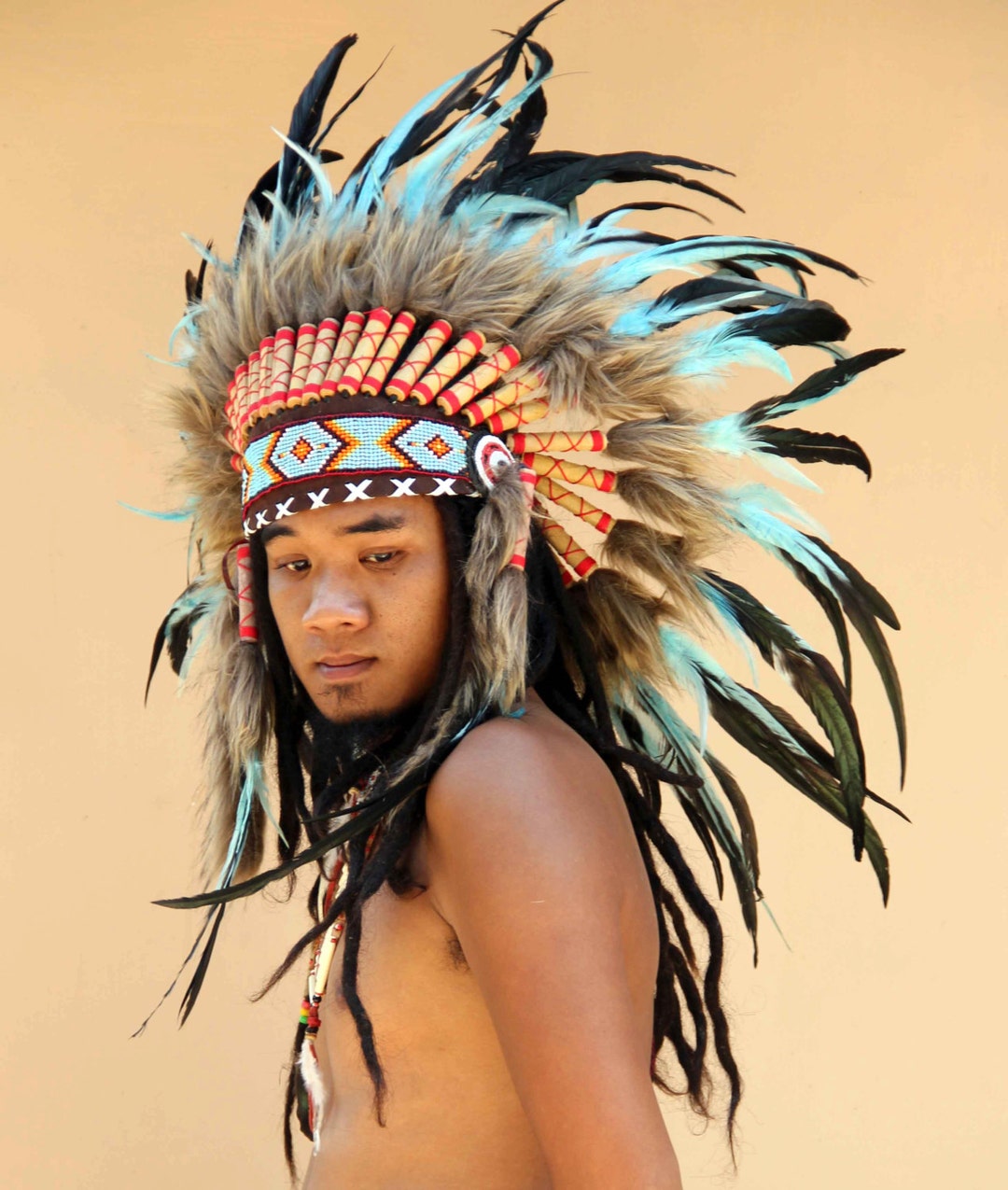 Indian Headdress Style Turquoise Feathers, Short Lenght - Etsy
