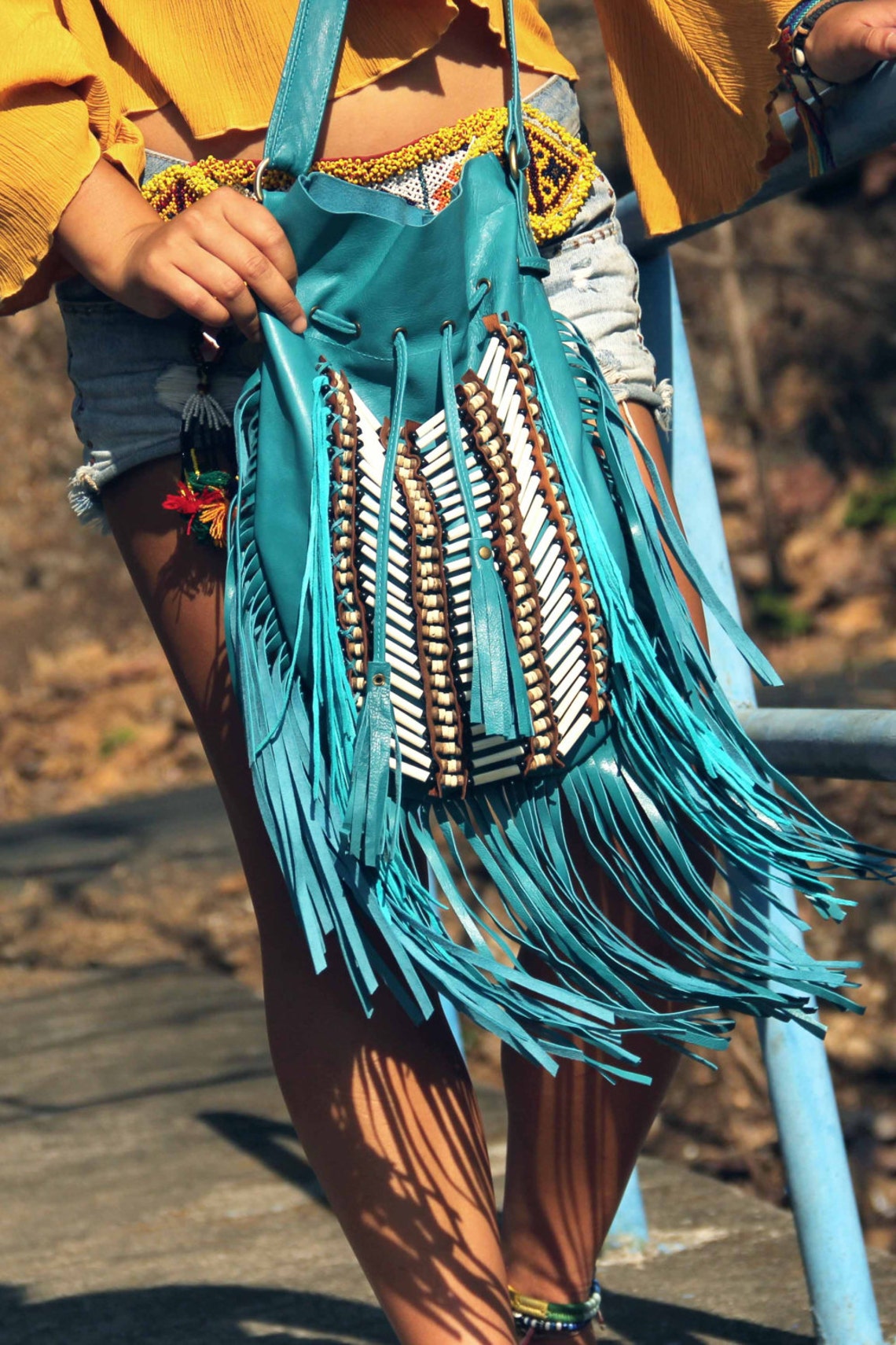 Boho Leather Bag Turquoise Fringe Purse Large Size - Etsy