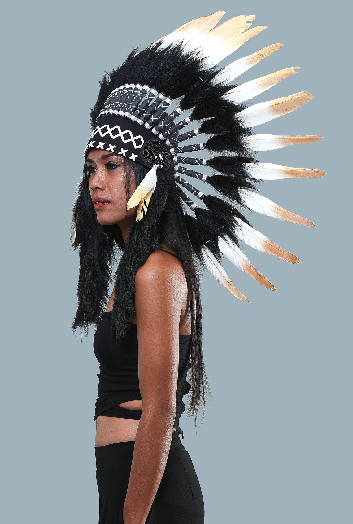 Indian headdress replica short length black white and gold | Etsy