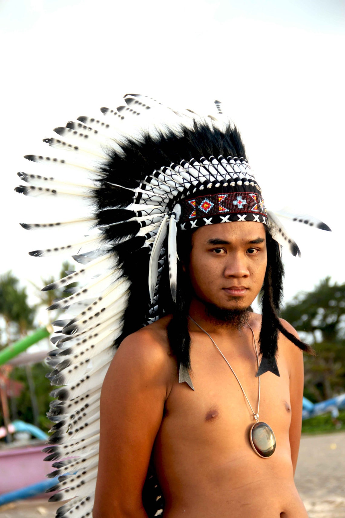 Réplica del tocado indio larga longitud en blanco y negro - Etsy España