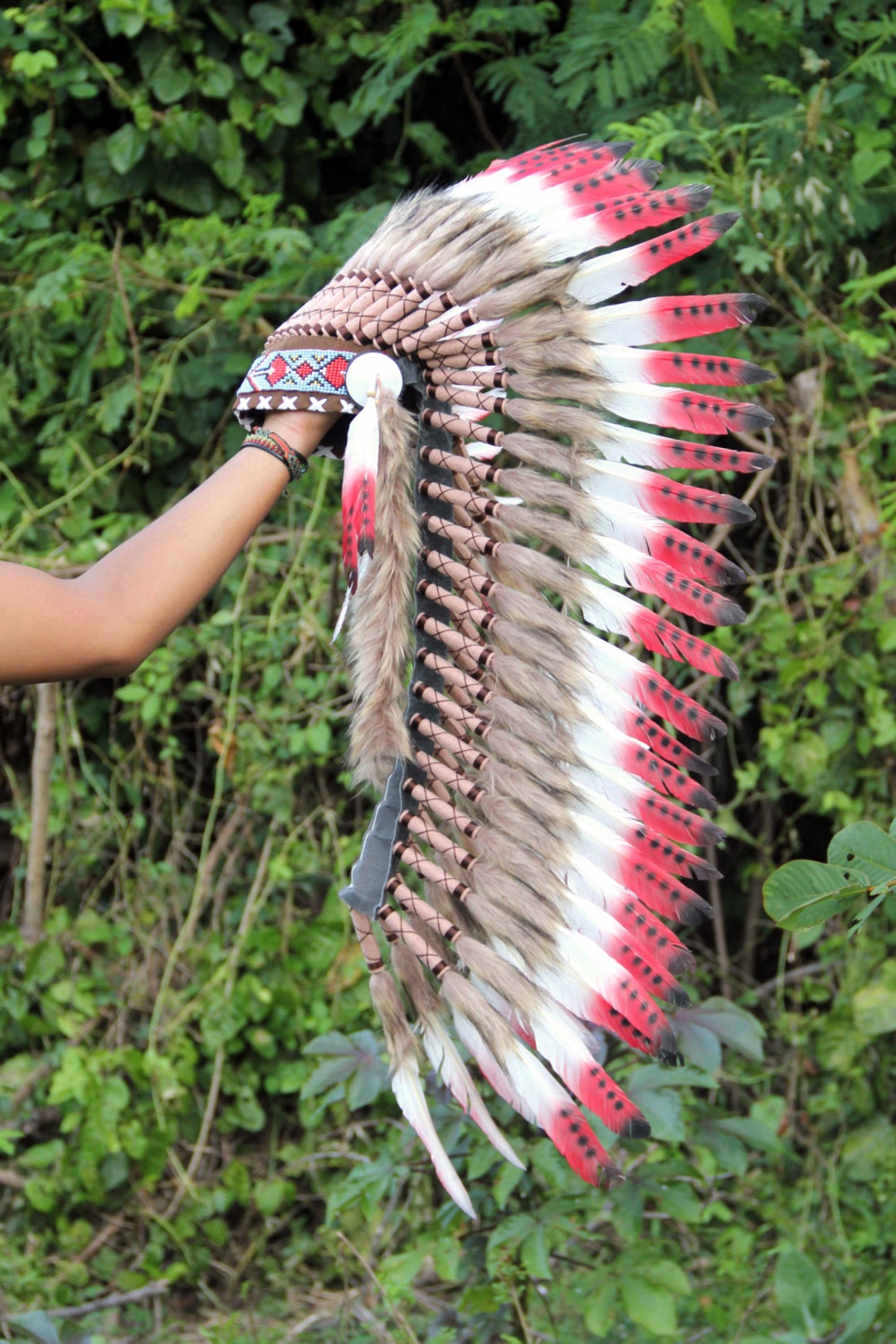 Indian Headdress Replica, Red and White Feathers , Medium Length - Etsy