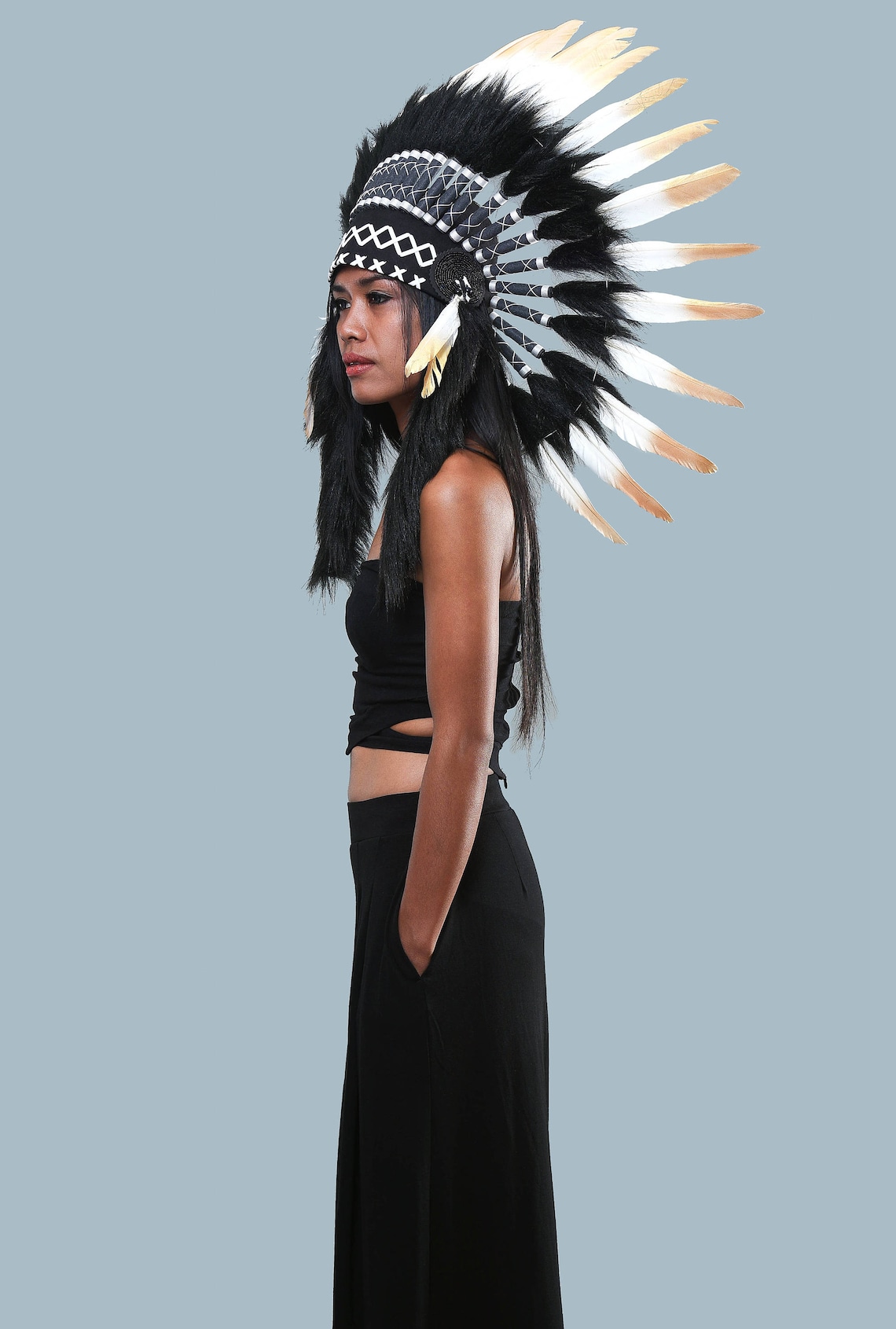 Indian headdress replica short length black white and gold | Etsy