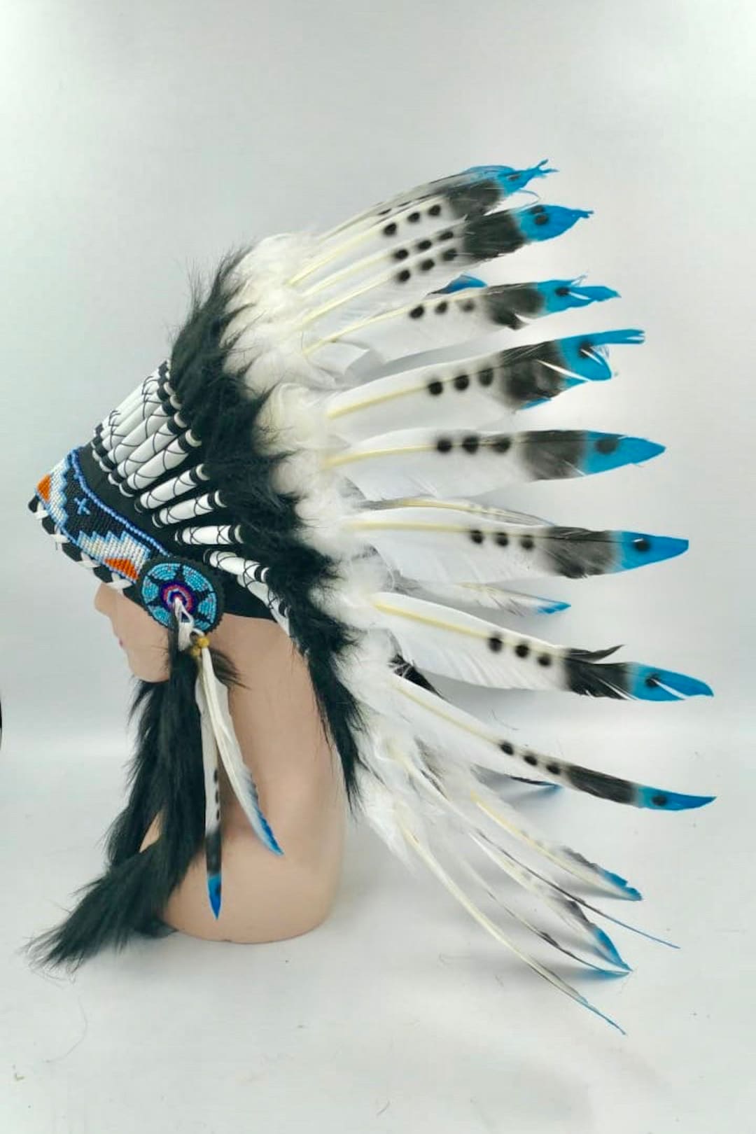 Indian Headdress Replica, Blue Black and White Feathers, Short Lenght ...