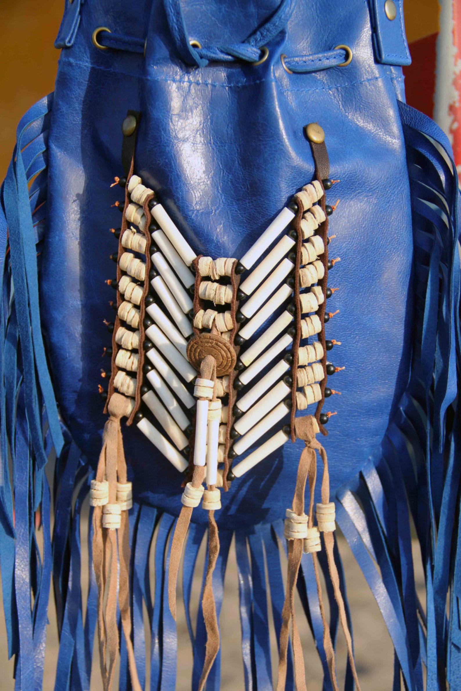 Native American Inspired Bag Blue Leather Bag Fringed - Etsy