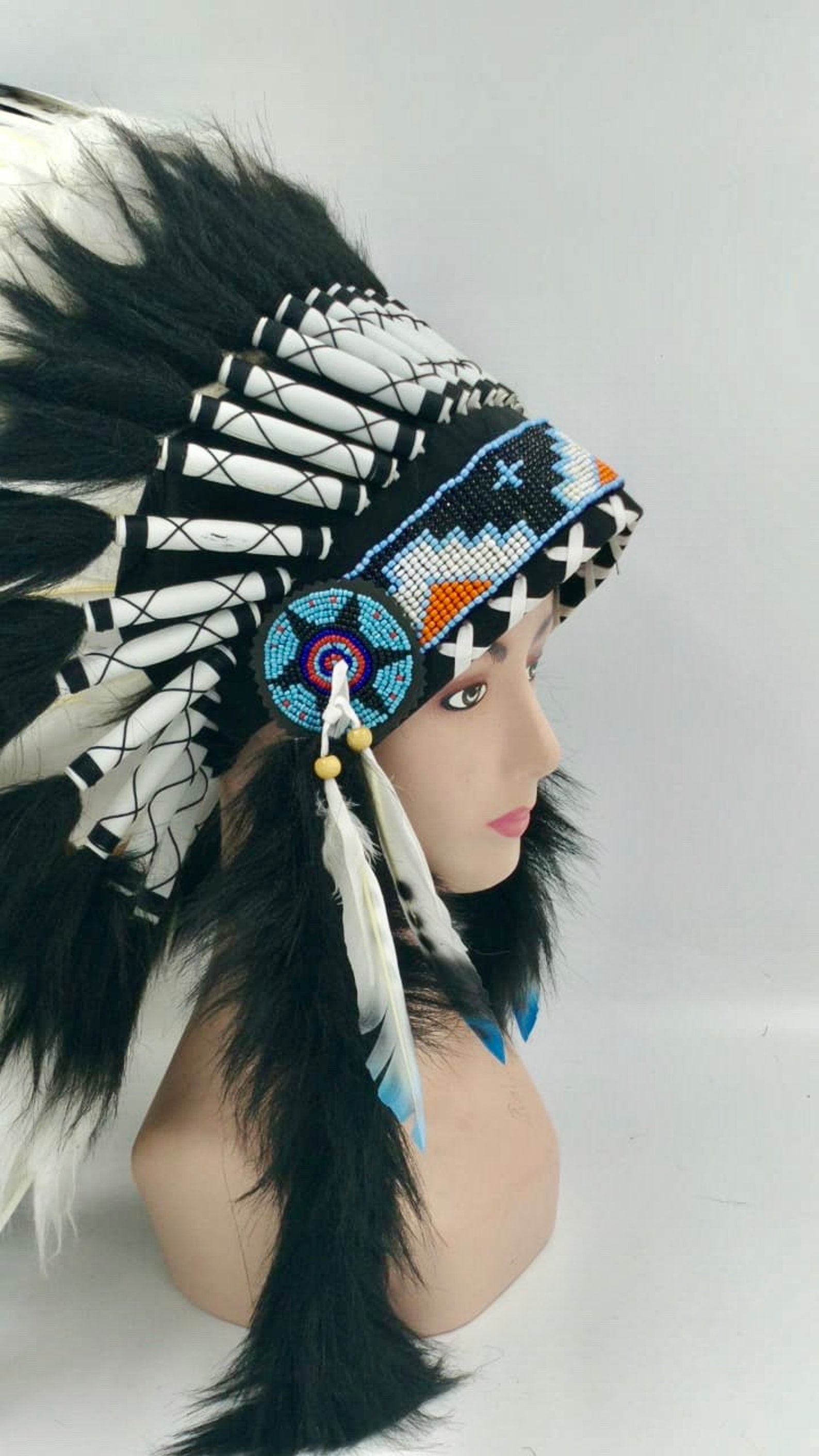 Indian Headdress Replica, Blue Black and White Feathers, Short Lenght ...