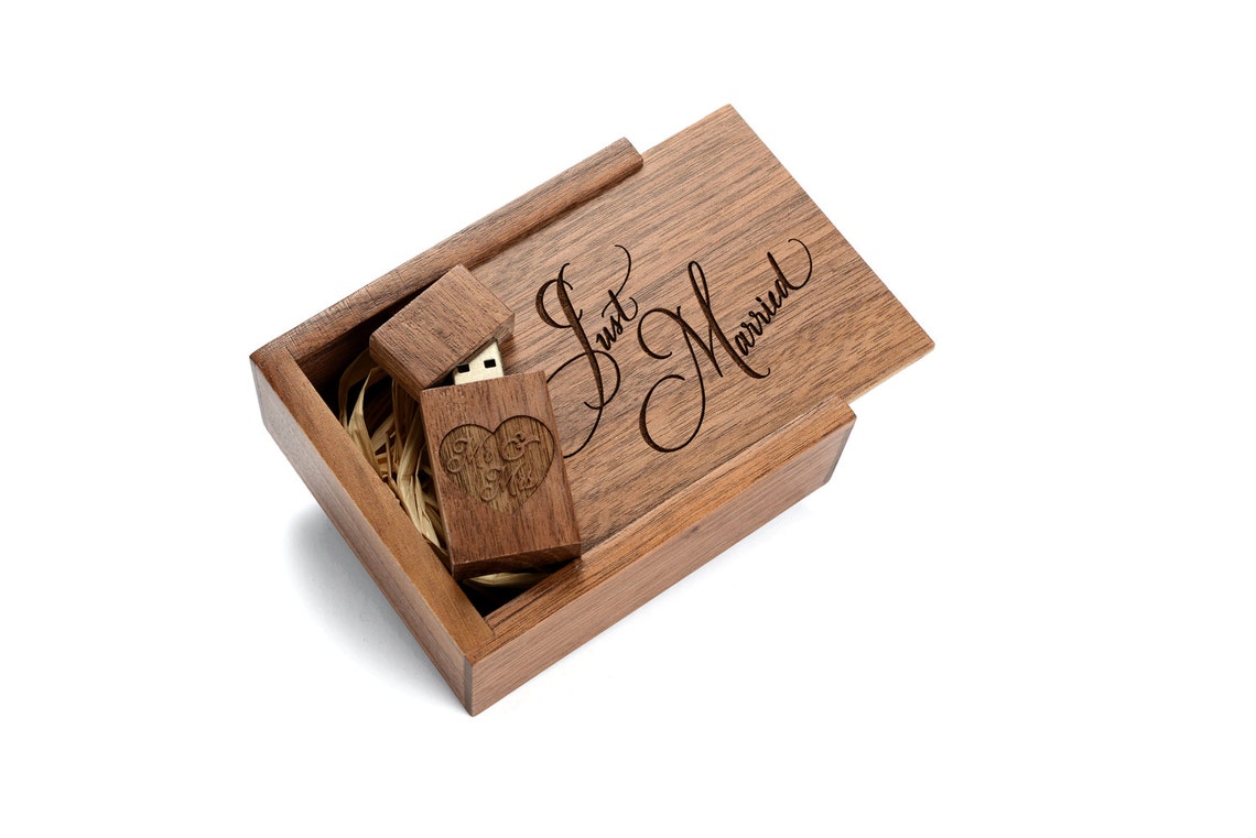 Photo Box Laser Engraved Just Married Wood Box USB Flash | Etsy