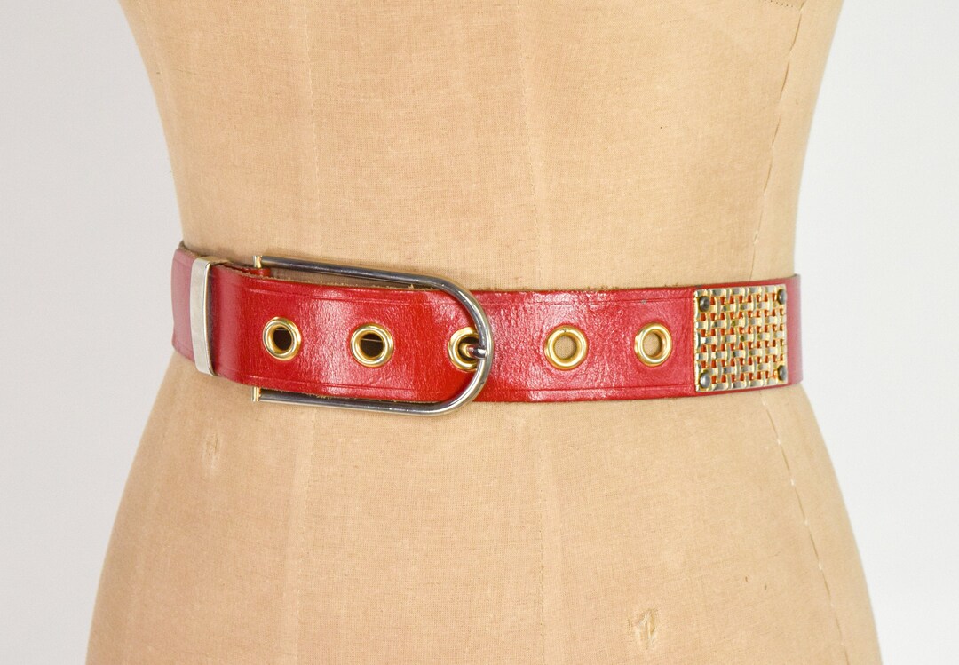 1980s Red Leather Belt | 80s Red & Gold Metal Grid Belt - Etsy