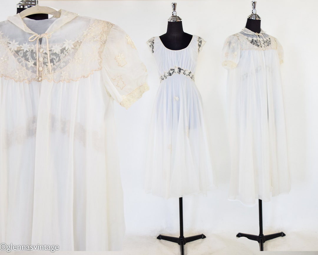 1950s White Peignoir Set | 50s Creme Nylon Peignoir Gown & Robe ...