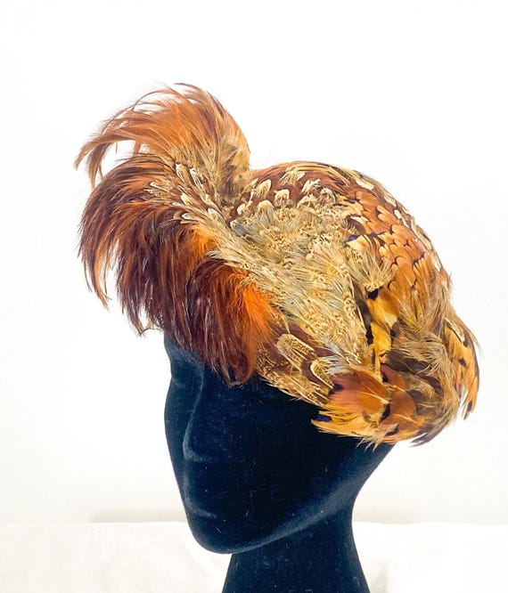 1940s Brown Feather Hat | 40s Gold & Brown Quail Feat… - Gem