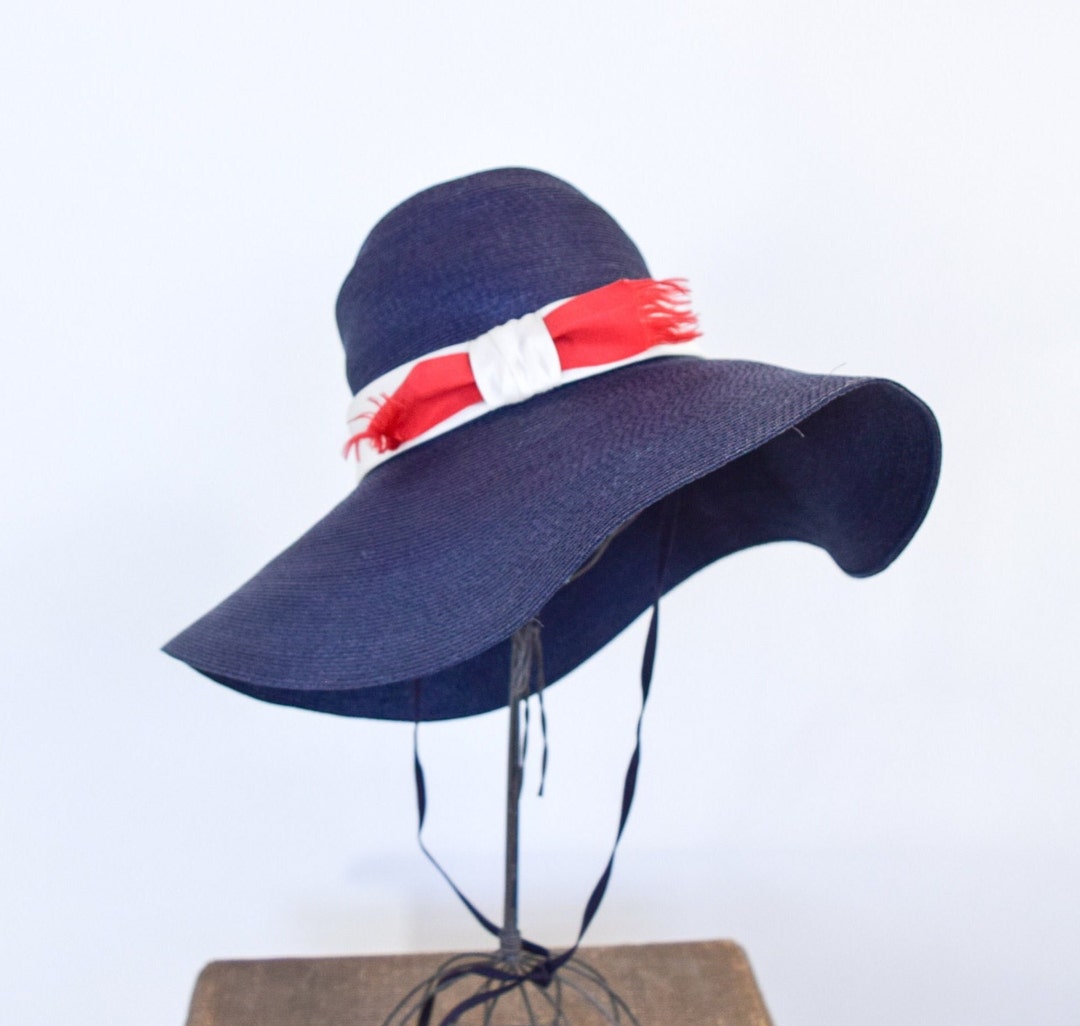1960s Navy Sun Hat | 60s Navy Woven Hat | Navy Raffia Hat | Blue Floppy ...