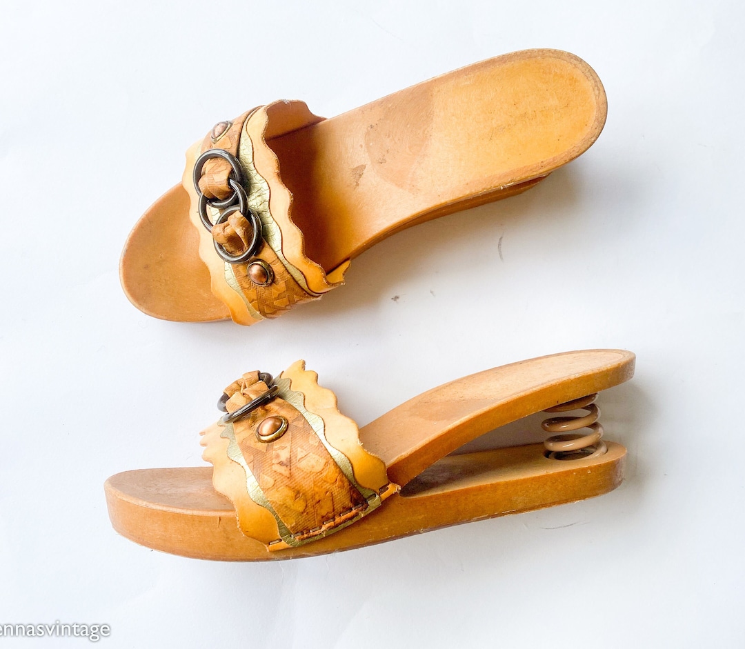 1970s Vintage Wooden Sandals | 70s Wood Wedge Slides | 70s Wood Spring ...