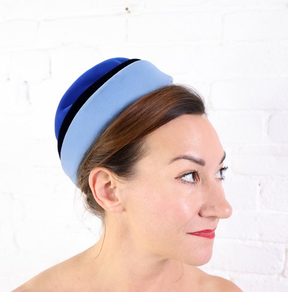 1950s Blue Velvet Hat | 50s Royal Blue Stripe Hat - Gem