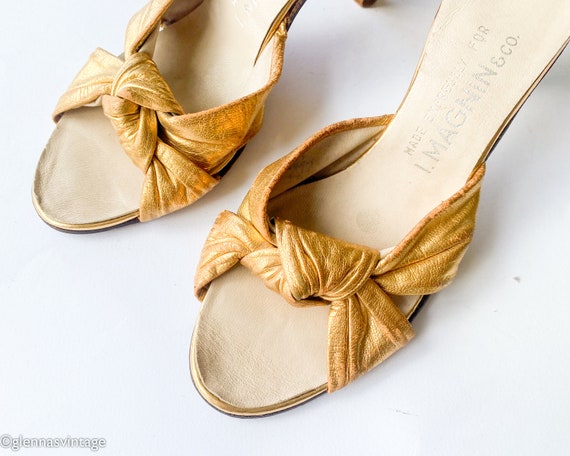 1950s Gold Leather Slide Heels | 50s Gold Peep Toe He… - Gem