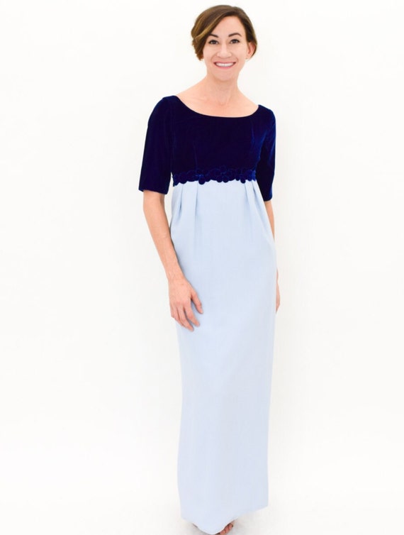 1960s Blue Evening Dress | 60s Blue Velvet & Crepe Fo… - Gem