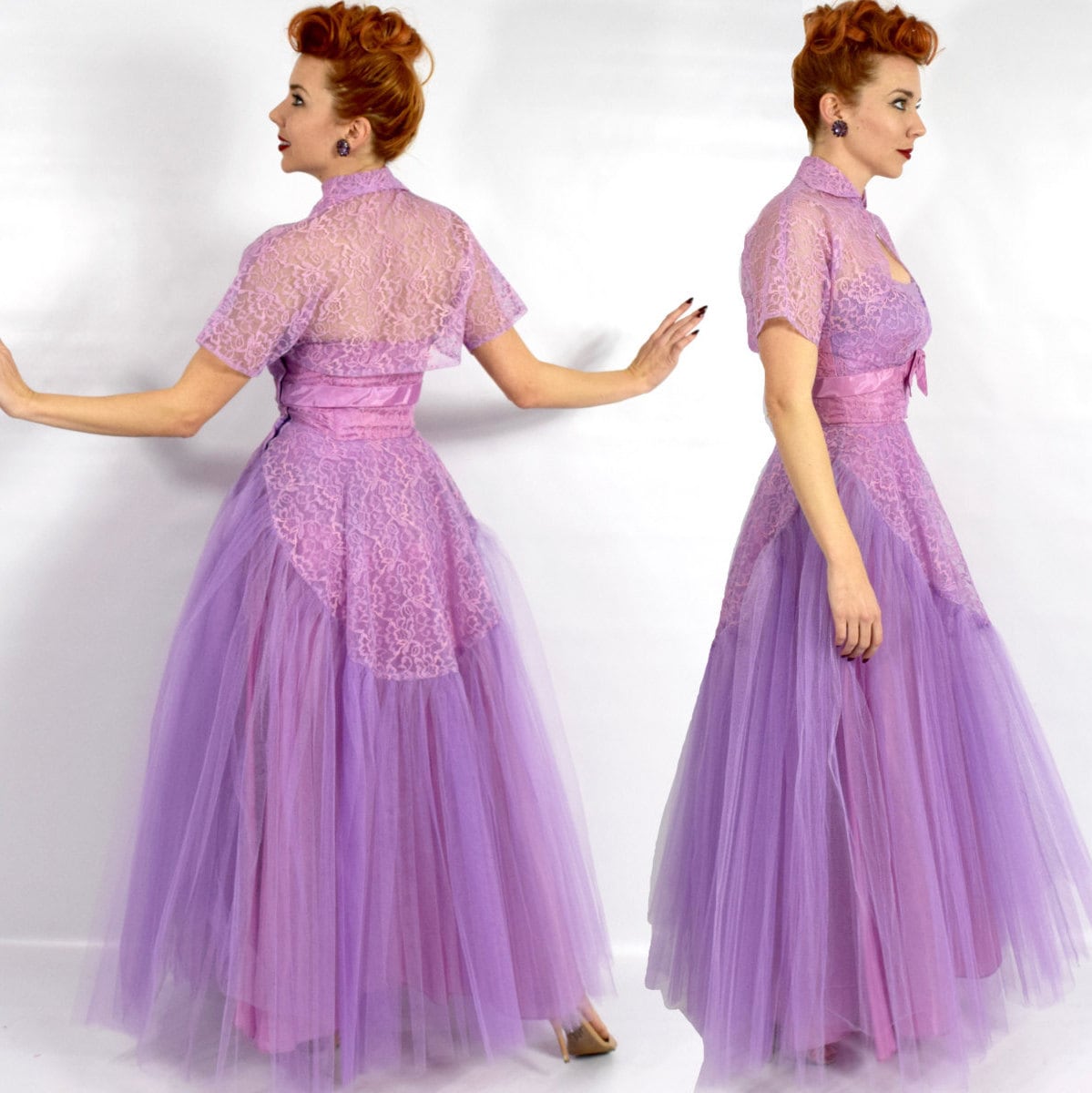 1940s Purple Lace Evening Dress 40s Lavender Tulle Lace - Etsy