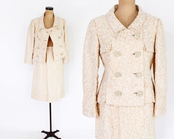 1960s Beige Double Breasted Brocade Suit | 60s Beige … - Gem