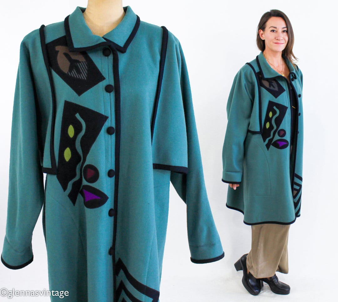 1980s Aqua Blue Wool Coat 80s Turquoise Blue Wool Coat Color Block ...