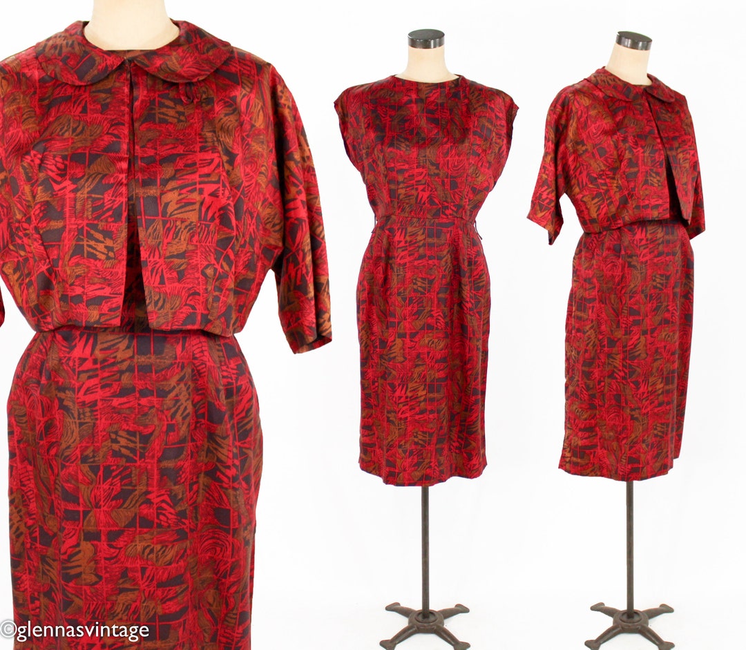 1950s Red Print Dress & Jacket | Vintage Red Sheath Set | Large - Etsy