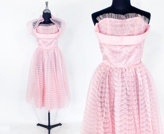 1940s Pink Lace Party Dress | 40s Midcentury Pink Cup… - Gem