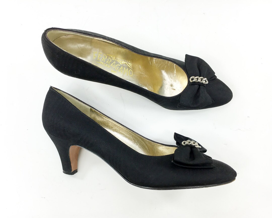 Ferragamo | 1980s Black Silk Pumps | 80s Black Bows Evening Shoes ...