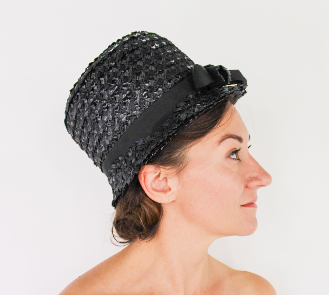 1960s Black Straw Bucket Hat | 60s Black Raffia Woven Hat | Black High ...