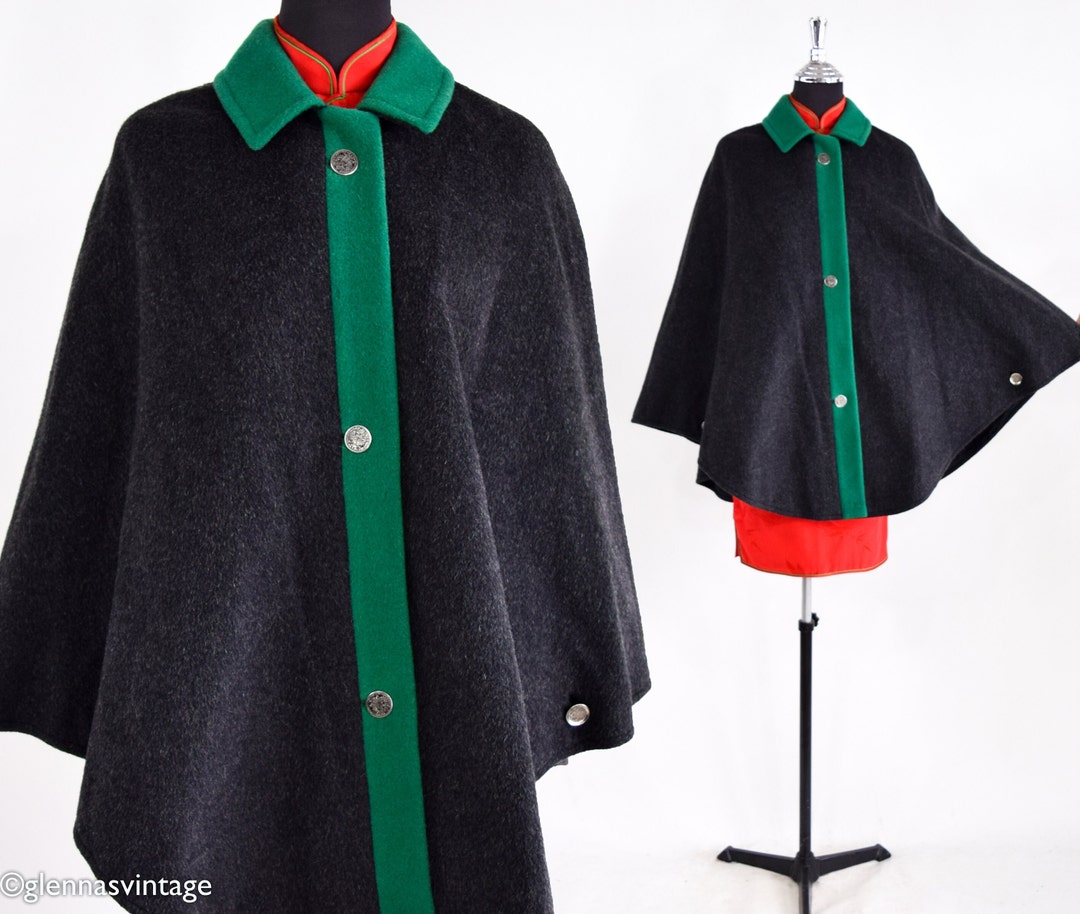 1960s Grey Mohair Wool Cape | 60s Short Charcoal Gray & Green Cape ...