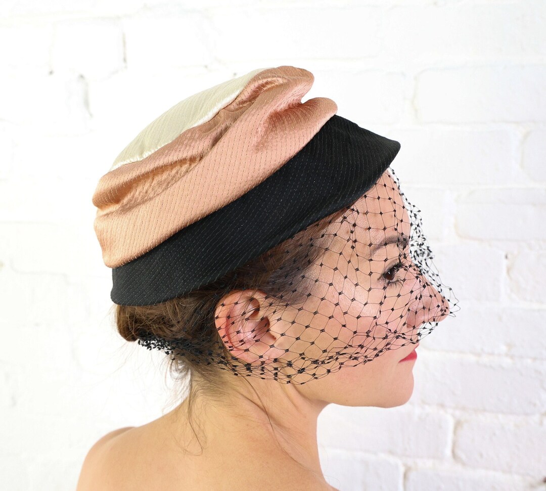 1950s Brown Black Satin Cocktail Hat | 50s Creme Taupe & Black Satin ...