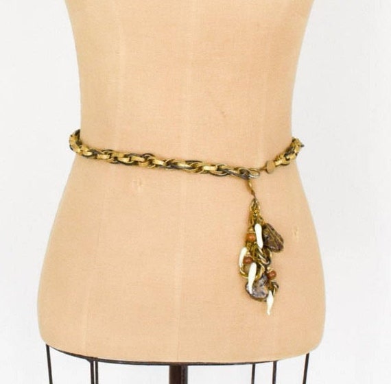 1970s Bronze Chain Belt | 70s Glass & Stone Brass Bel… - Gem