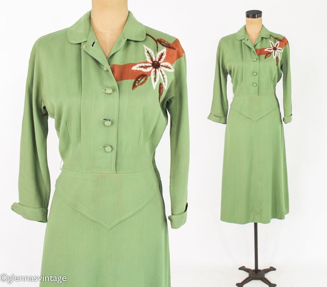 1940s Green Cotton Dress | 40s Green Embroidered Dress | Old Hollywood ...