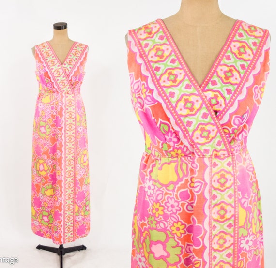 1970s Pink Floral Print Maxi Dress | 70s Pink Print T… - Gem