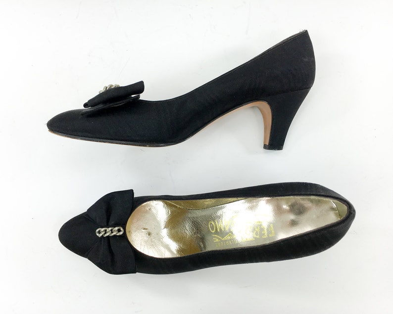 Ferragamo | 1980s Black Silk Pumps | 80s Black Bows Evening Shoes ...