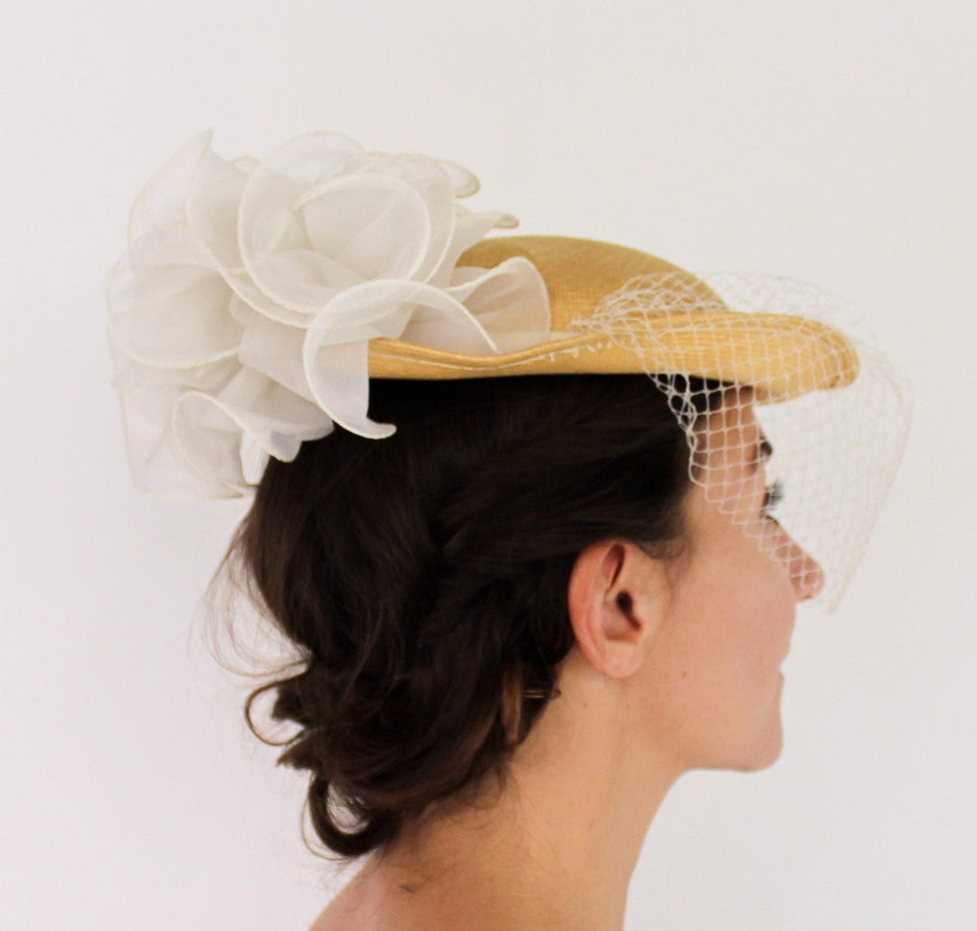 1980s Beige & White Straw Fascinator 80s Tan Straw Hat Wedding Kentucky ...